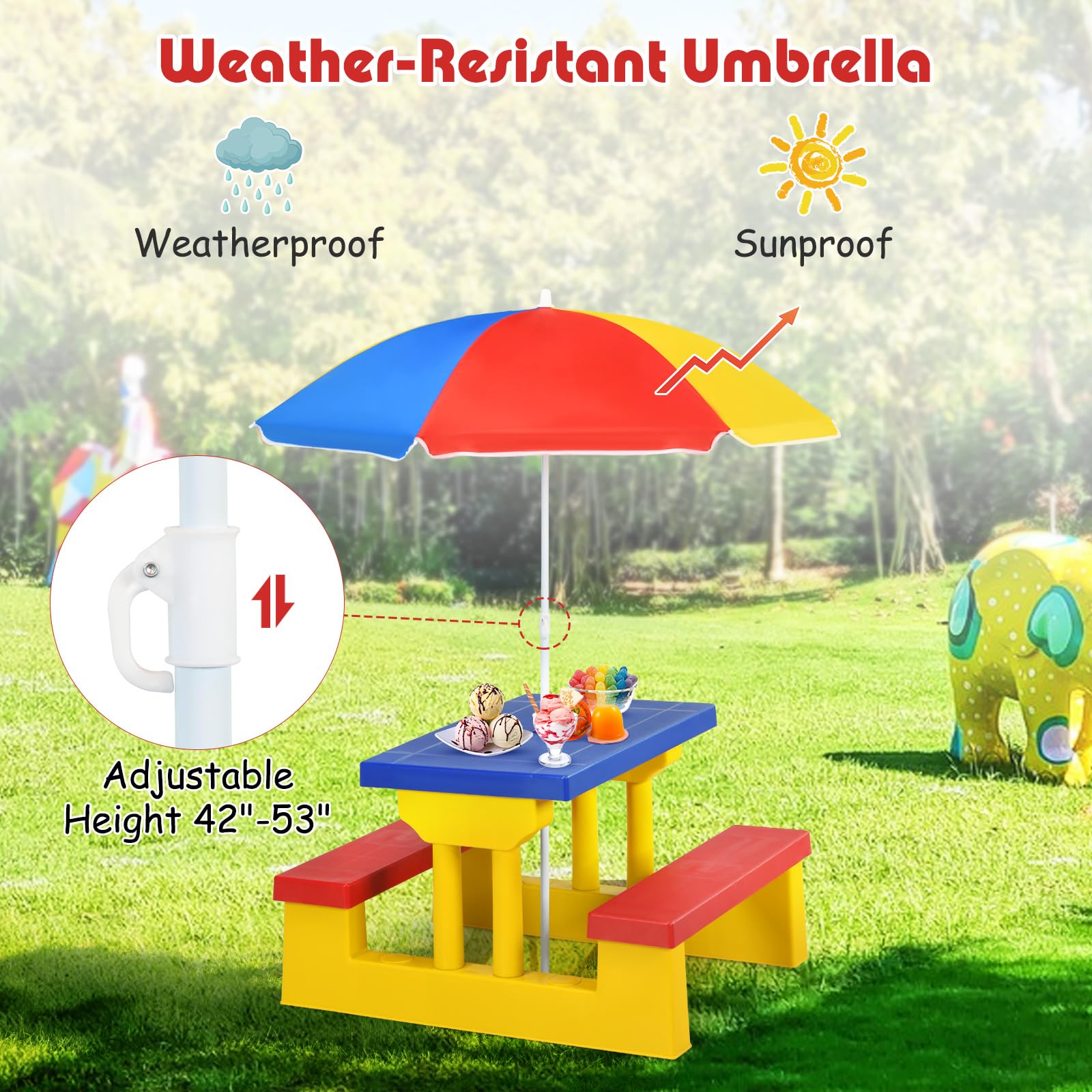 HOMGX Kids Picnic Table, Toddler Picnic Table with Removable & Foldable Umbrella, Plastic Children Patio Furniture for Garden Backyard, Kids Outdoor Table, Multicolored