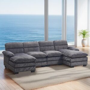 zx design 111" sectional sofa, comfortable cloud couch for living room，u shape couch, modern dual recliner combo sofa sleeper with soft armrests & memory foam for living room (corduroy gray)