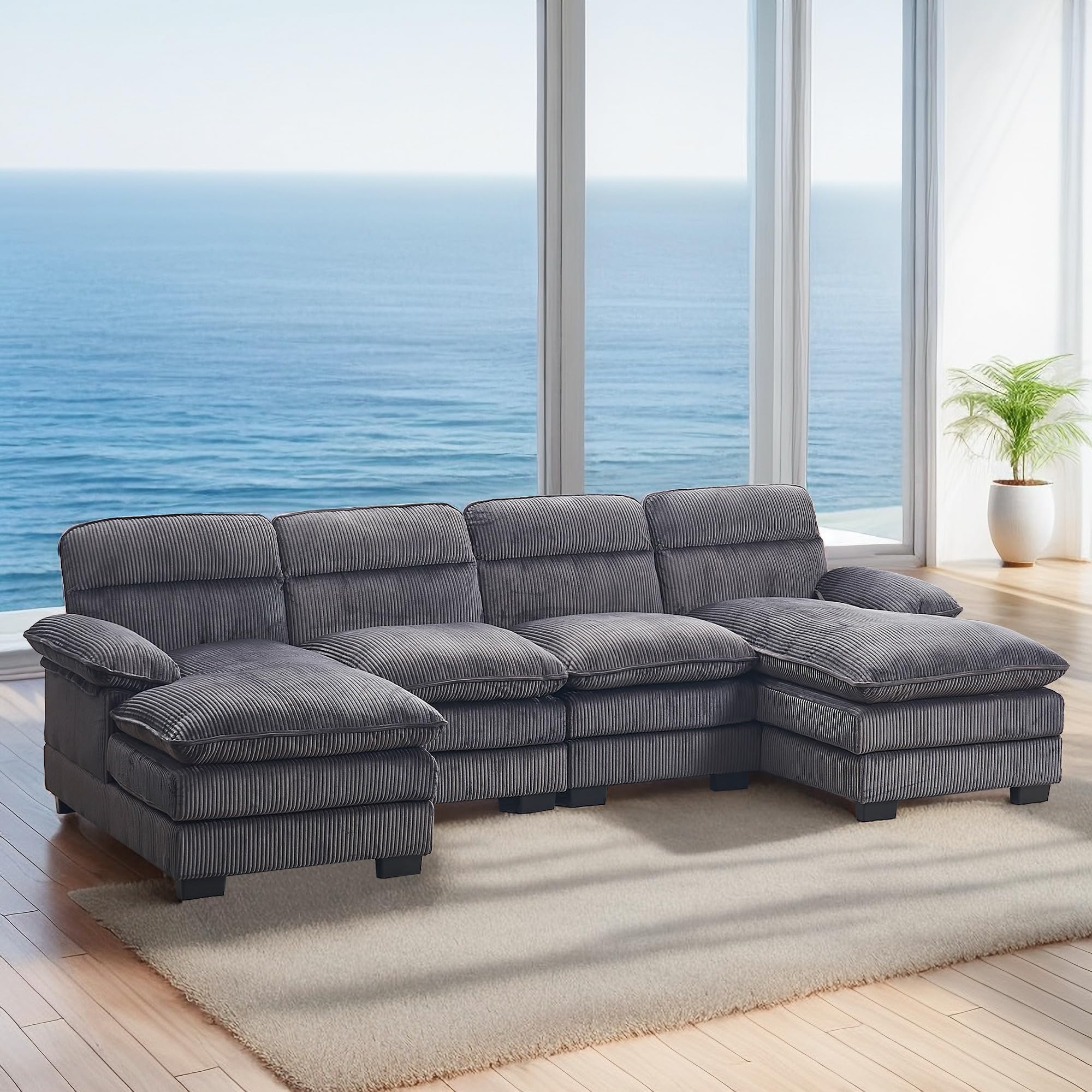 ZX Design 111" Sectional Sofa, Comfortable Cloud Couch for Living Room，U Shape Couch, Modern Dual Recliner Combo Sofa Sleeper with Soft Armrests & Memory Foam for Living Room (Corduroy Gray)