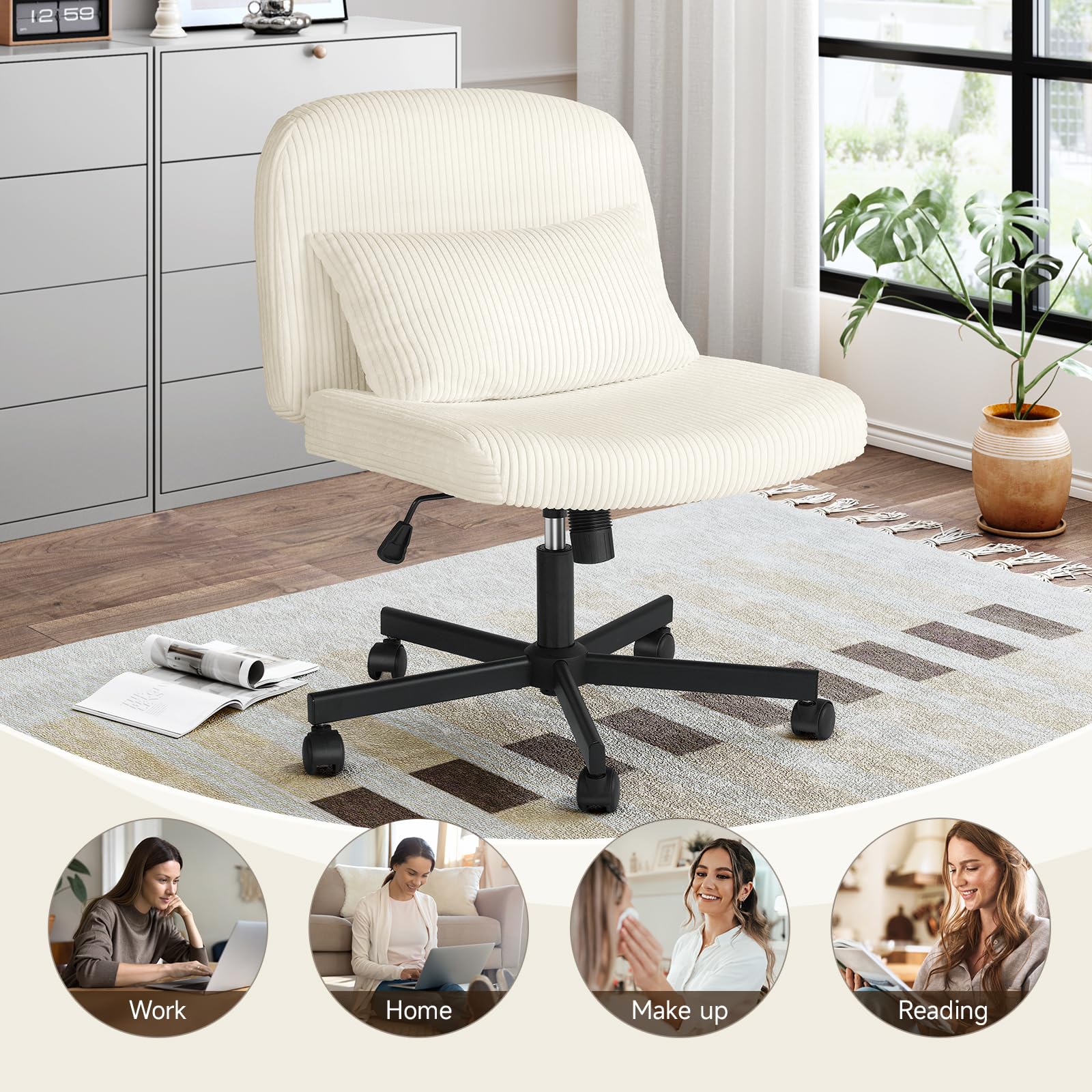 Criss Cross Chair with Wheels, Corduroy Massage Cross Legged Office Chair with Double Layer Sponge Cushion, Armless Wide Seat Swivel Vanity Chair, Height Adjustable Desk Chairs for Home Office, Beige