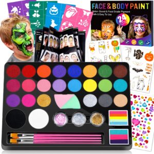 drawdart face painting kit for kids - 24 colors water based non toxic face paint kit, professional face paint for kids with stencils & brushes - parties, birthdays, halloween face body makeup kit