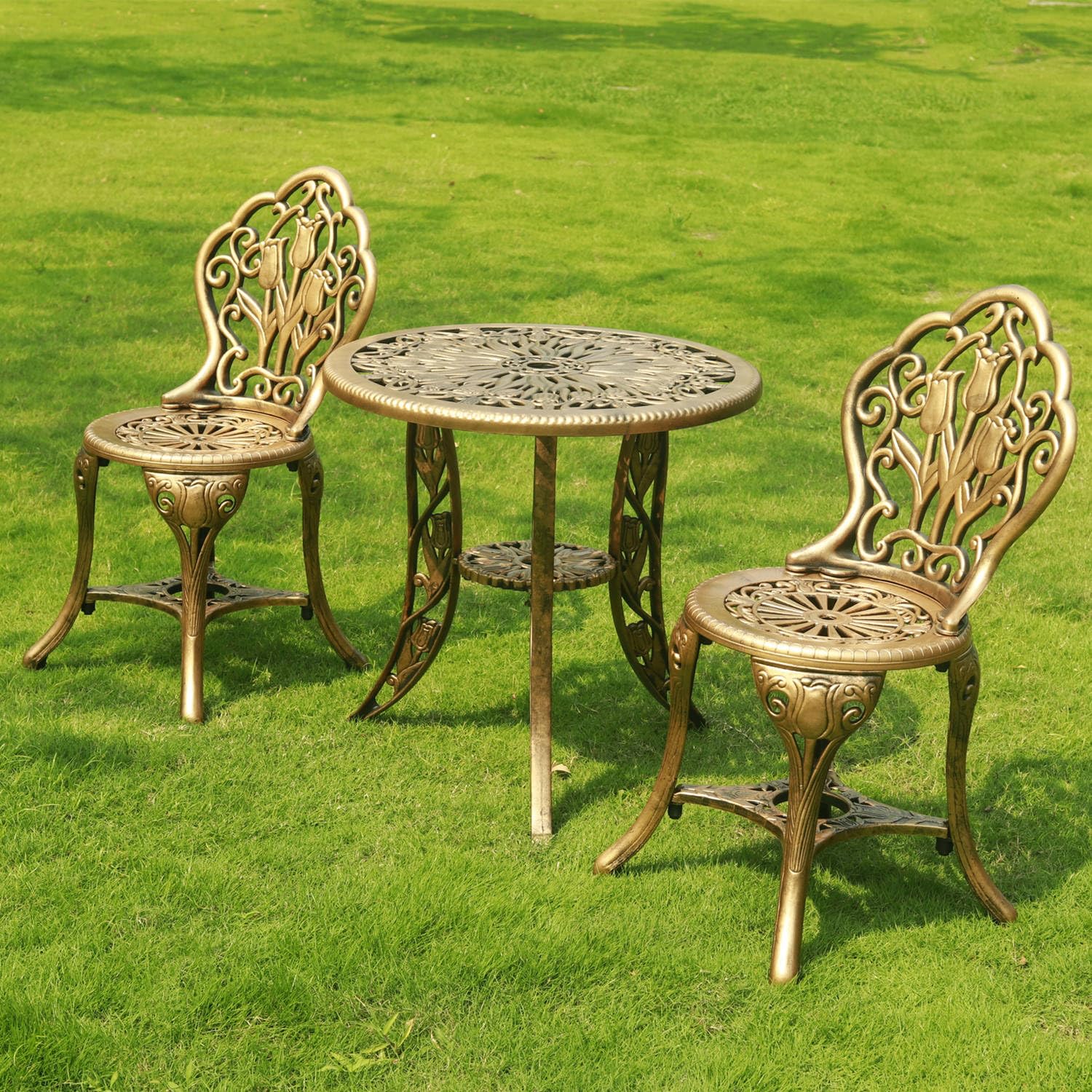 VANZUNE Tulip Bistro Table and Chairs Set 3 Piece Bistro Set Outdoor Patio Bistro Set Patio Table Set with Umbrella Hole for Balcony Backyard Patio Garden,Copper Color