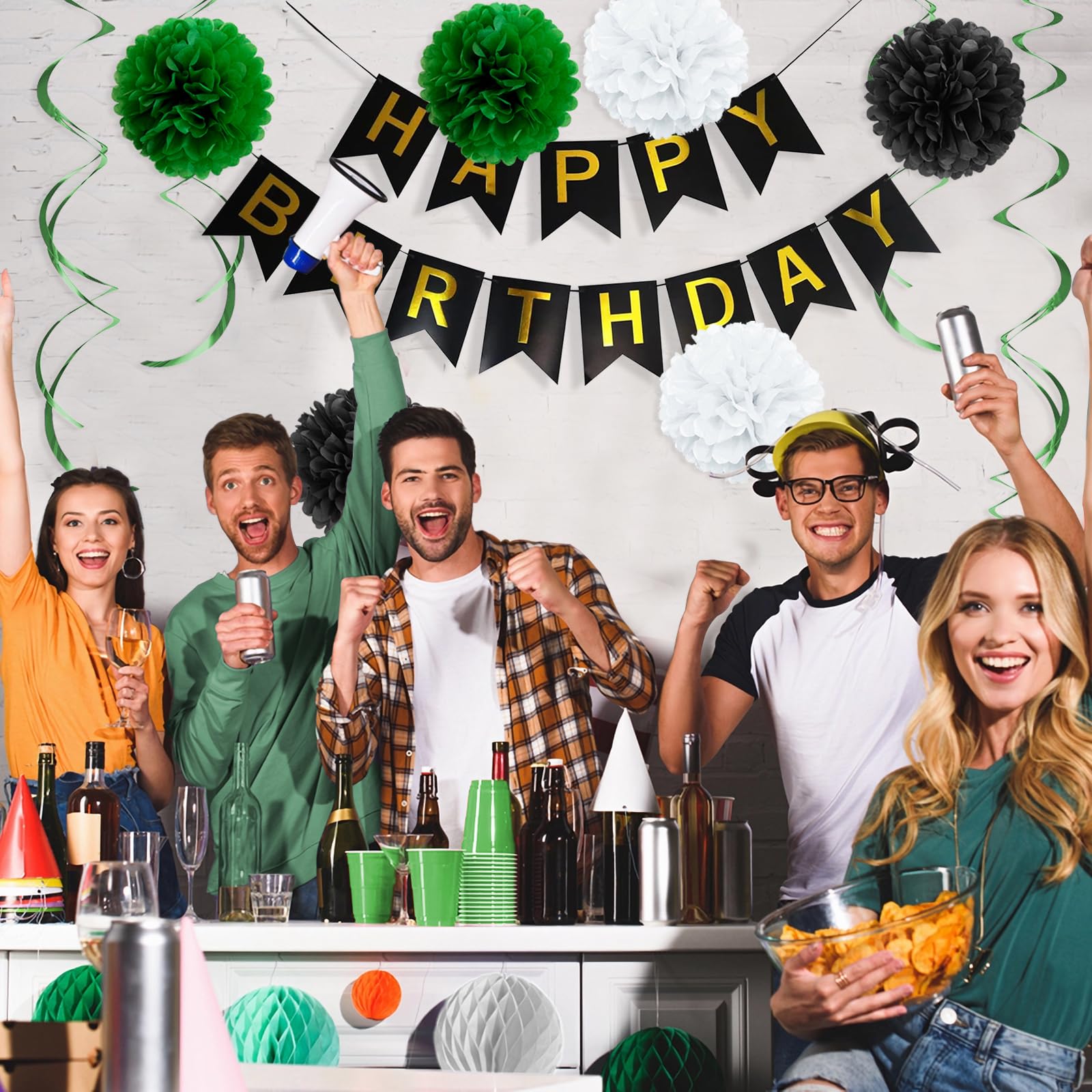 Birthday Decorations Kit for Men, Green and Black Birthday Party Decor Boy with Plastic Backdrop, HBD Banner, Paper Pompoms, Hanging Swirl and Circle Dot Garland