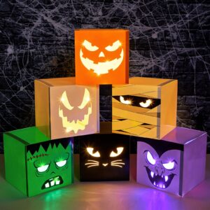 zhanmai 6 pcs halloween party decoration 11.8 inch large halloween decorative boxes with string light jack o lanterns blocks halloween luminous box halloween lantern box for halloween decor(classic)