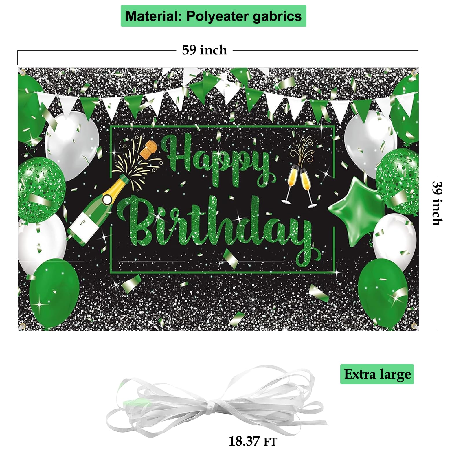 Birthday Decorations Kit for Men, Green and Black Birthday Party Decor Boy with Plastic Backdrop, HBD Banner, Paper Pompoms, Hanging Swirl and Circle Dot Garland