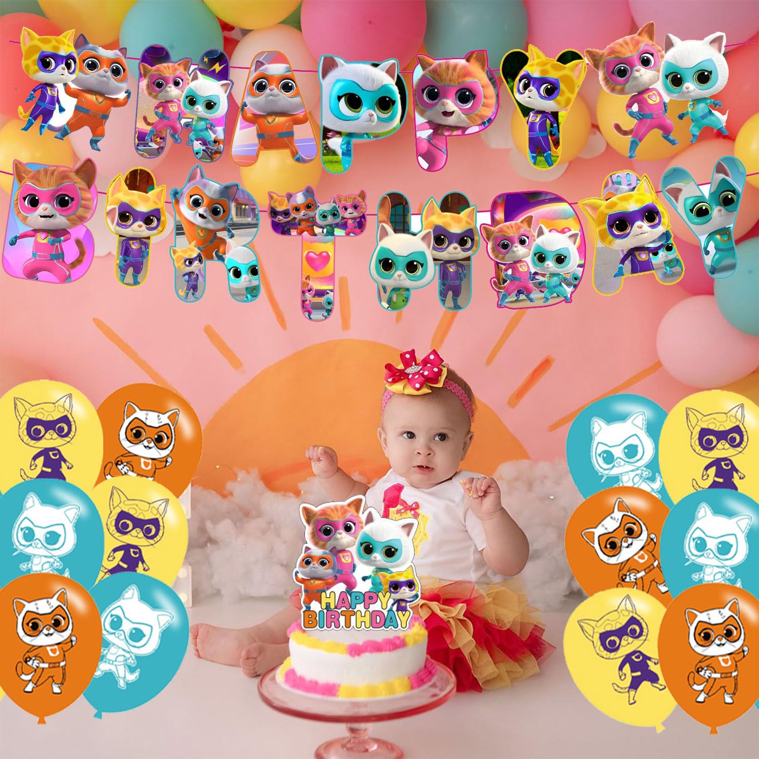 OUDINI Super Kitties birthday party supplies,Super Kitties including cake topper, cupcake toppers, Banner, Latex Balloons,It is very suitable for boy's and girl birthday party supplies., Blue