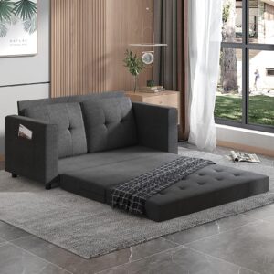 muzz pull out couch with 2 side pockets, 55" w upholstered loveseat, 2 in 1 futon sleeper couch, gaming floor couch bed for living room, bedroom, play room(dark grey)