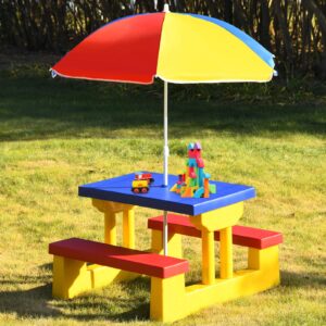 HOMGX Kids Picnic Table, Toddler Picnic Table with Removable & Foldable Umbrella, Plastic Children Patio Furniture for Garden Backyard, Kids Outdoor Table, Multicolored