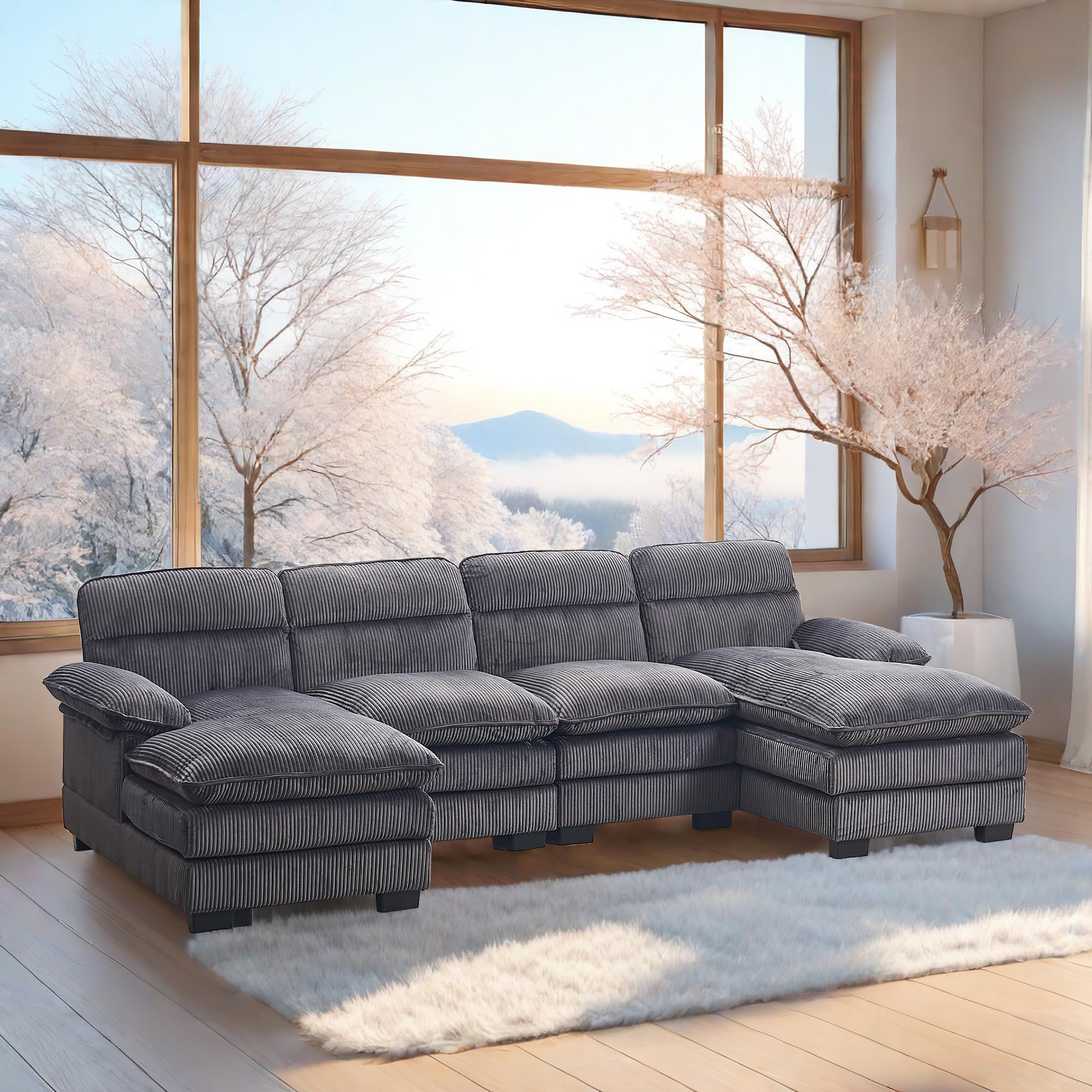 ZX Design 111" Sectional Sofa, Comfortable Cloud Couch for Living Room，U Shape Couch, Modern Dual Recliner Combo Sofa Sleeper with Soft Armrests & Memory Foam for Living Room (Corduroy Gray)