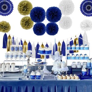 Envibe Navy Blue White Gold Party Decorations, Tissue Paper Pom Poms for Birthday Decorations, Baby Showers, Gender Reveal, Bridal Shower Decorations, 34 Pcs Blue Wedding Decorations.