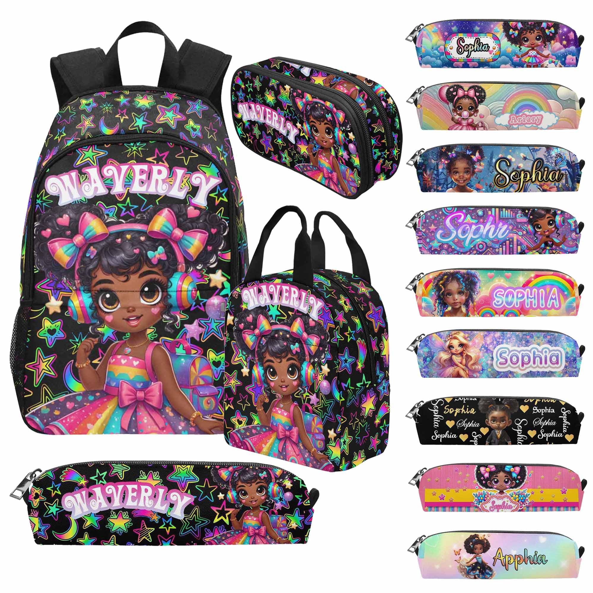 Personalized Kindergarten Pencil Case with Name for Black Girls,Custom Princess Pencil Case Pouch School Backpack and Lunch Box for Kids,Customized Stationery Pouch,Writing Tool Organizer,Pen Holder