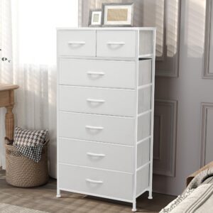 Pellebant Dresser for Bedroom with 7 Drawers, Tall Dresser Vertical Storage Tower, Sturdy Metal Frame, Fabric Storage Bins with Plastic Handle, Wooden Top, Organizer Unit for Closet/Hallway, White