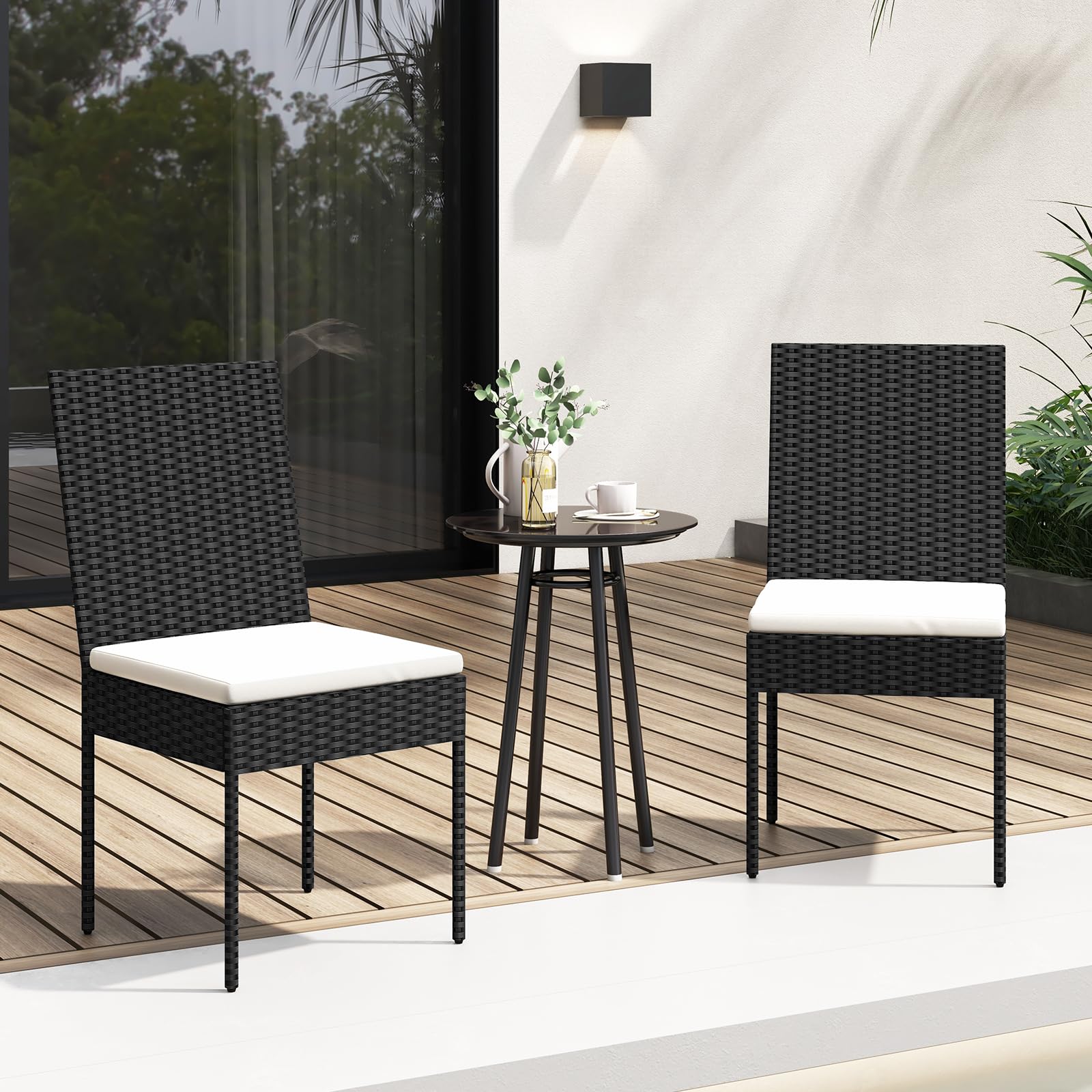 HAPPYGRILL Patio Rattan Dining Chairs Set of 2, Outdoor Armless Wicker Chairs with Cushions, High Backrest, Sturdy Metal Frame, Outside Dining Chairs for Porch Deck Yard Garden