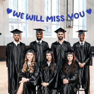 Pre-threaded We Will Miss You Farewell Banner, Blue Glitter Banner Graduation Retirement Party Decorations Going Away Decor for Goodbye Army Party