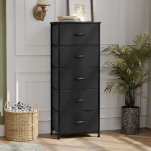 pellebant dresser for bedroom with 5 drawers, tall dresser vertical storage tower, sturdy metal frame, fabric storage bins with plastic handle and wooden top, organizer unit for closet/hallway, black