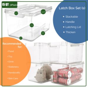 RETRONLY Clear Latch Boxes for Storage - 15 Qt Plastic Storage Containers with Lids, Clear Bins for Storage & Organizer, Storage Bins with Handle(60 QT, 4 Pack)