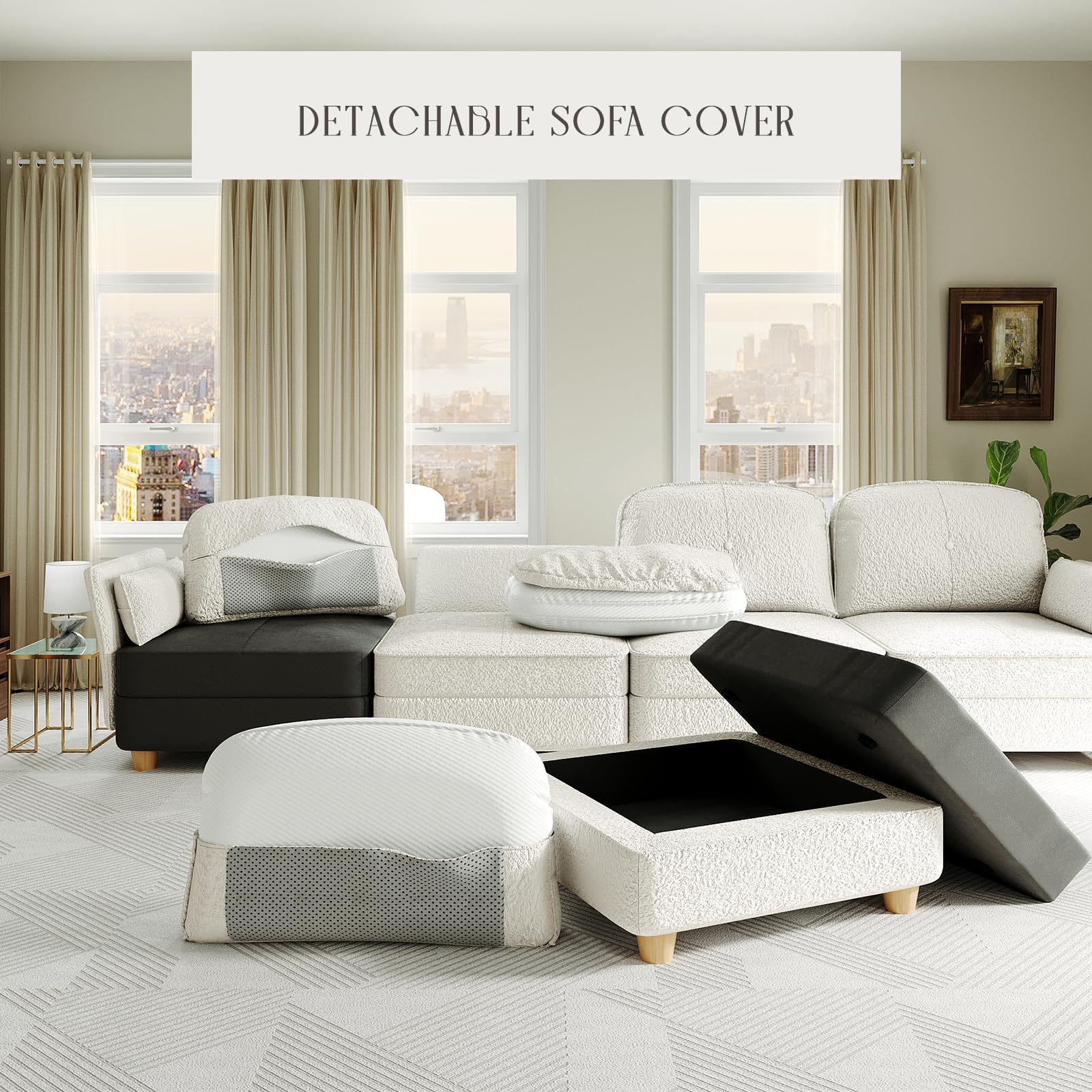 LLappuil Modular Sectional Couch L Shaped Sofa with Storage, Corner Cloud Sofa Sectional for Living Room, 113.5 in Width, 6 Seat Sofa, Teddy Velvet, Beige