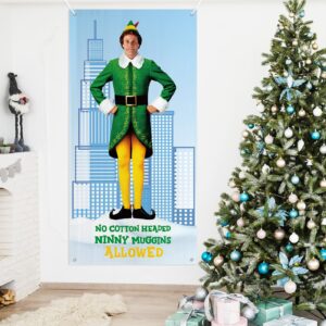 Funny Christmas Door Cover, No Cotton Headed Ninny Muggins Allowed Porch Sign for Outdoor Decorations, Buddy The Elf Photo Booth Background Banner, Elf Party Decor Supplies, 70.8x35 Inch