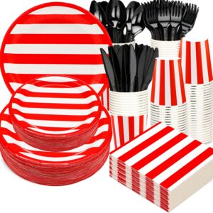 175pcs red and white stripes party supplies set 9"red and white striped plates7"red carnival plates napkins cup knive fork spoon for striped carnival party picnic bbq birthday party decor serve25