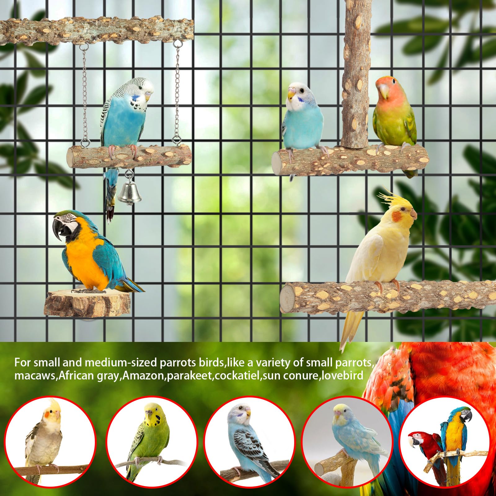 Bird Perches,4pcs Natural Wood Birds Stand Branch, Bird Perch Chewing Stick Cage Accessories Parrot Climbing Standing Branches Paw Grinding Fork Sets for Parakeet Lovebirds Cockatiels Conure Budgies