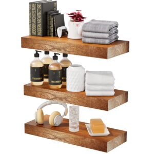 treember wooden floating shelves for wall 15.7" rustic wall mounted shelves set of 3 natural paulownia wood shelves décor for bedroom,living room,kitchen (brown)