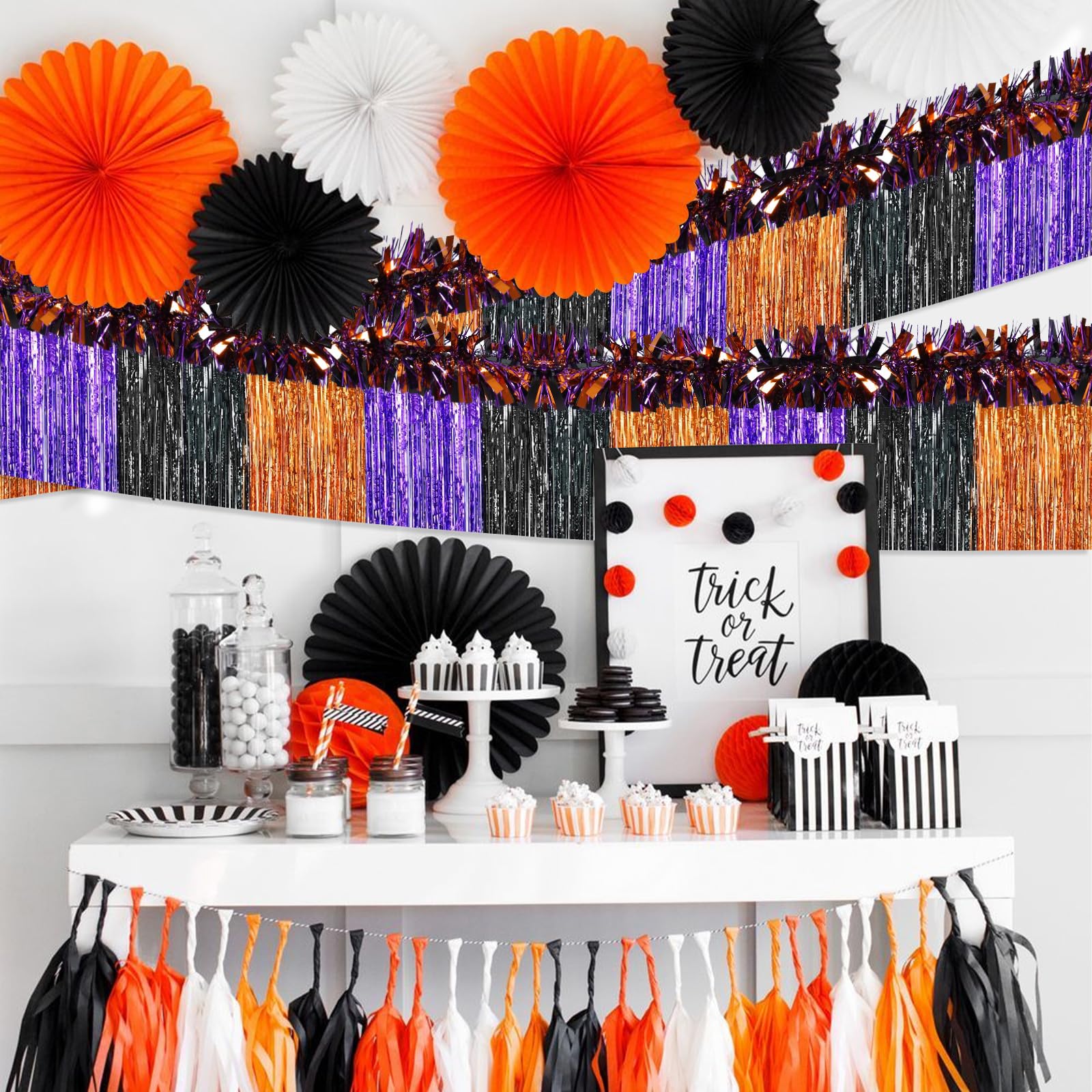 Halloween Foil Fringe Garland & Halloween Tinsel Garland Orange Black Purple Fringe Garland Tinsel Garland 10 Pcs Halloween Parade Float Decoration Halloween Party Decorations (50 ft + 50 ft)