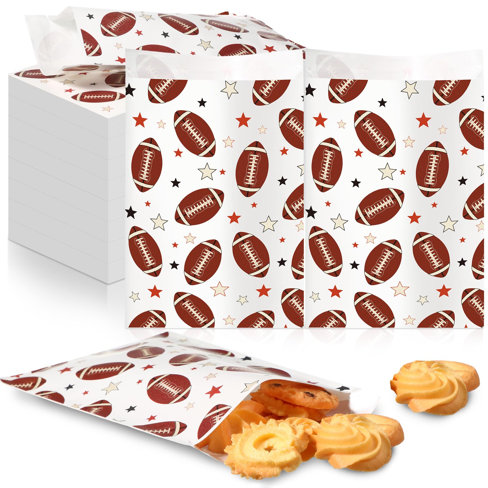 Pasimy 100 Pcs Football Treat Bags Football Candy Bags Football Goodie Cookie Bags Self Adhesive Kraft Paper Football Snack Bags Football Gift Bags for Football Party Favor Bags Supplies Decor