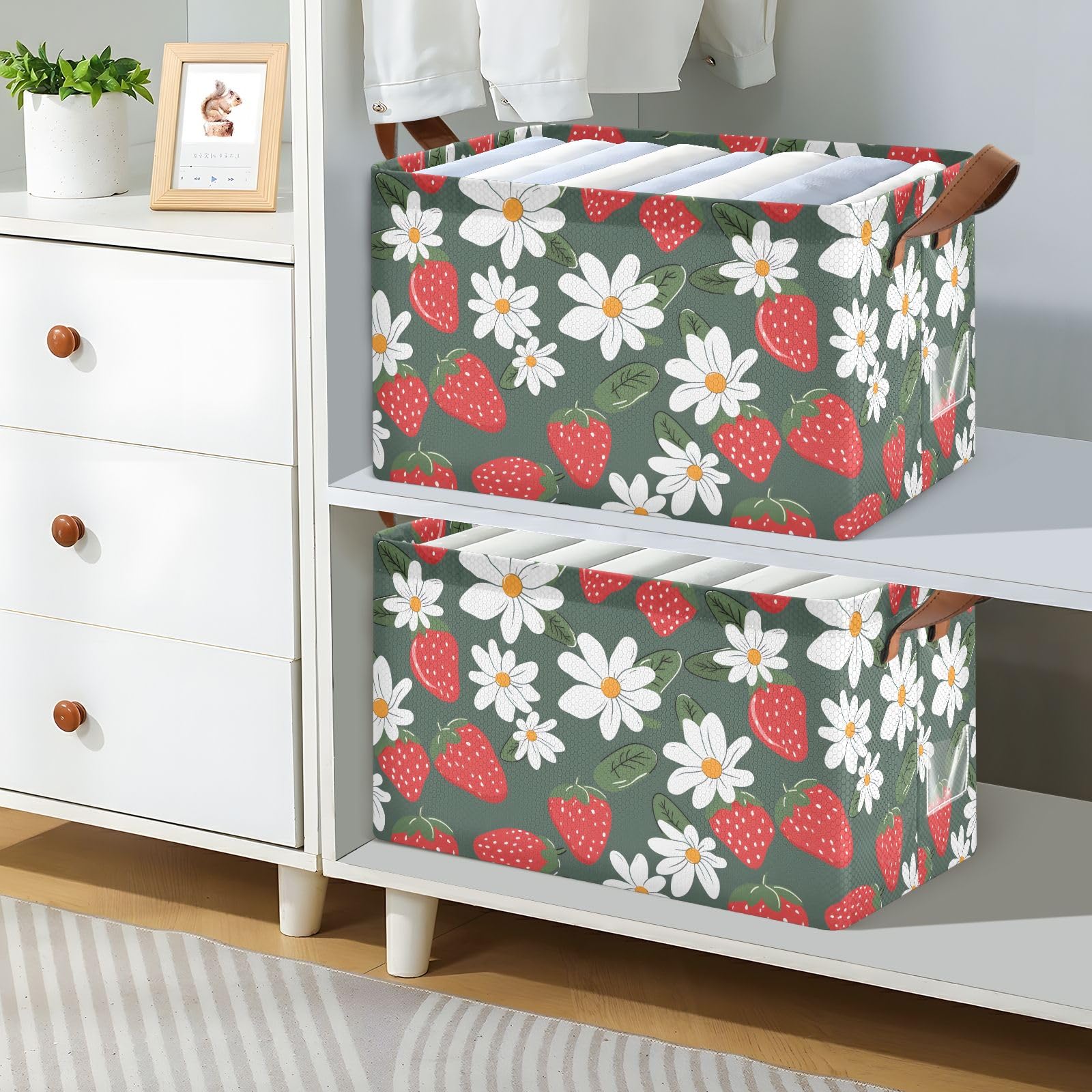 GEDAKO Storage Cubes Foldable Storage Bin Baskets with Double Handles Strawberry and White Flower Shelves Closet Organizers for Clothes Toys,M