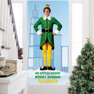 Funny Christmas Door Cover, No Cotton Headed Ninny Muggins Allowed Porch Sign for Outdoor Decorations, Buddy The Elf Photo Booth Background Banner, Elf Party Decor Supplies, 70.8x35 Inch