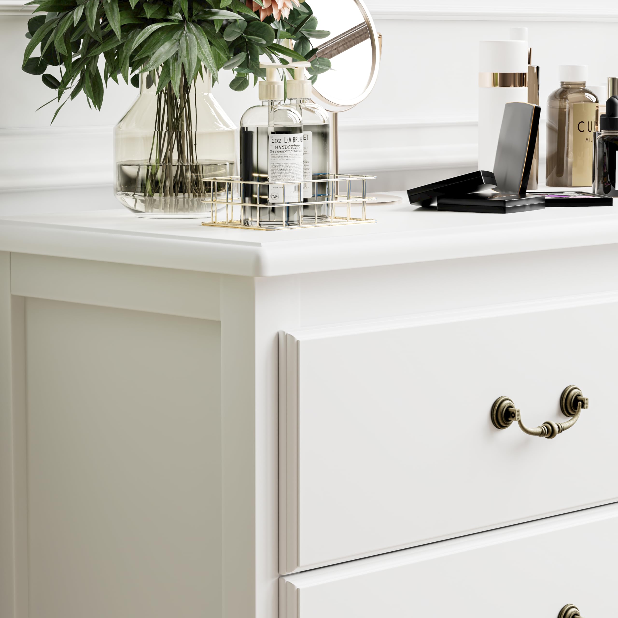 HOUROM White Dresser, Modern Farmhouse 6 Drawer Double Dresser for Bedroom Adults & Kids with Vintage Gold Pulls, Wide Dressers & Chests of Drawers, 6 Drawer Dressers for Hallway, Antique White