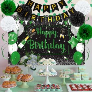 Birthday Decorations Kit for Men, Green and Black Birthday Party Decor Boy with Plastic Backdrop, HBD Banner, Paper Pompoms, Hanging Swirl and Circle Dot Garland