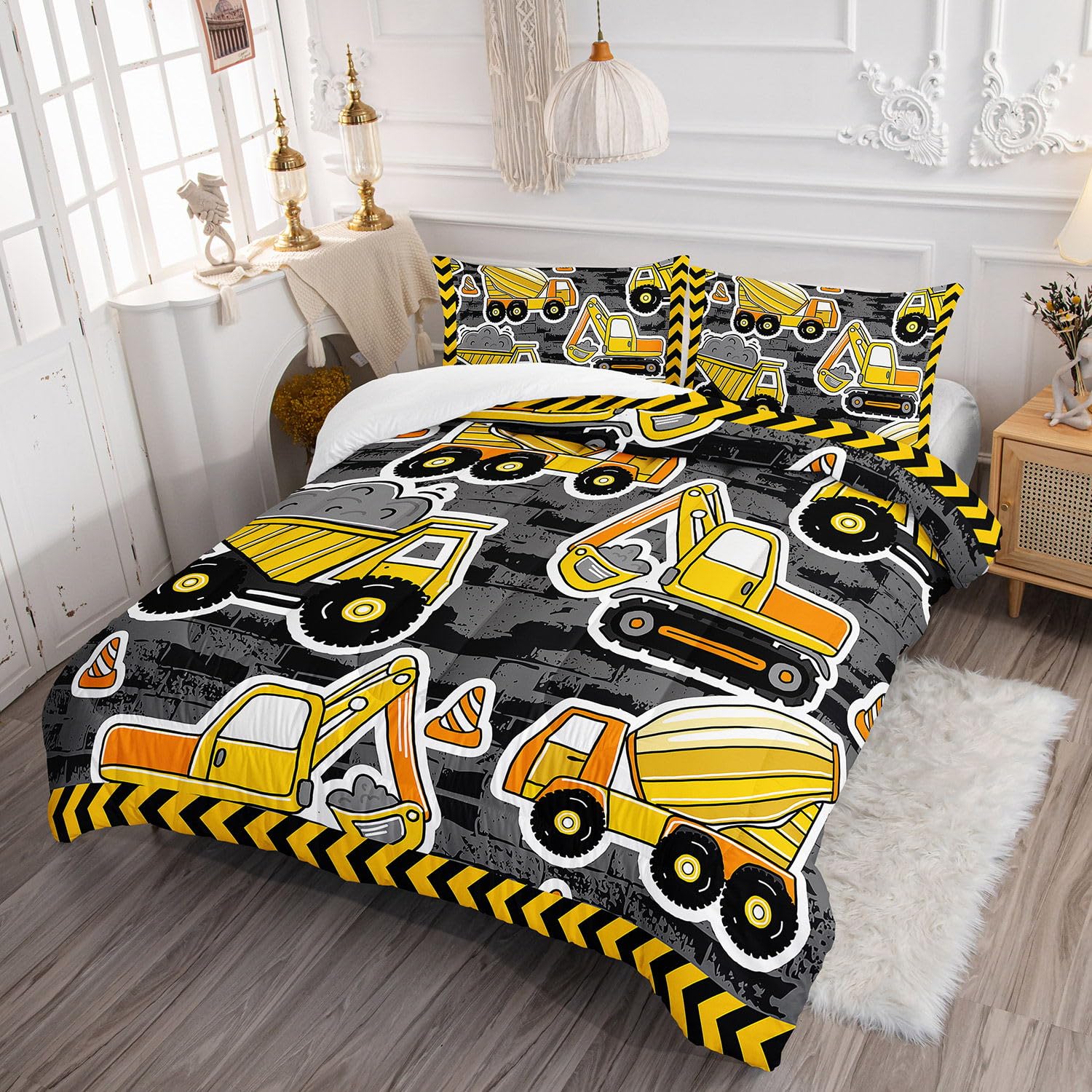 Smell Sunshine Construction Comforter Set Kids Excavator Car Printed Bedding Set with 1 Comforter and 2 Pillowcases for Boys and Girls Bedroom All Season(Car-4 Full)