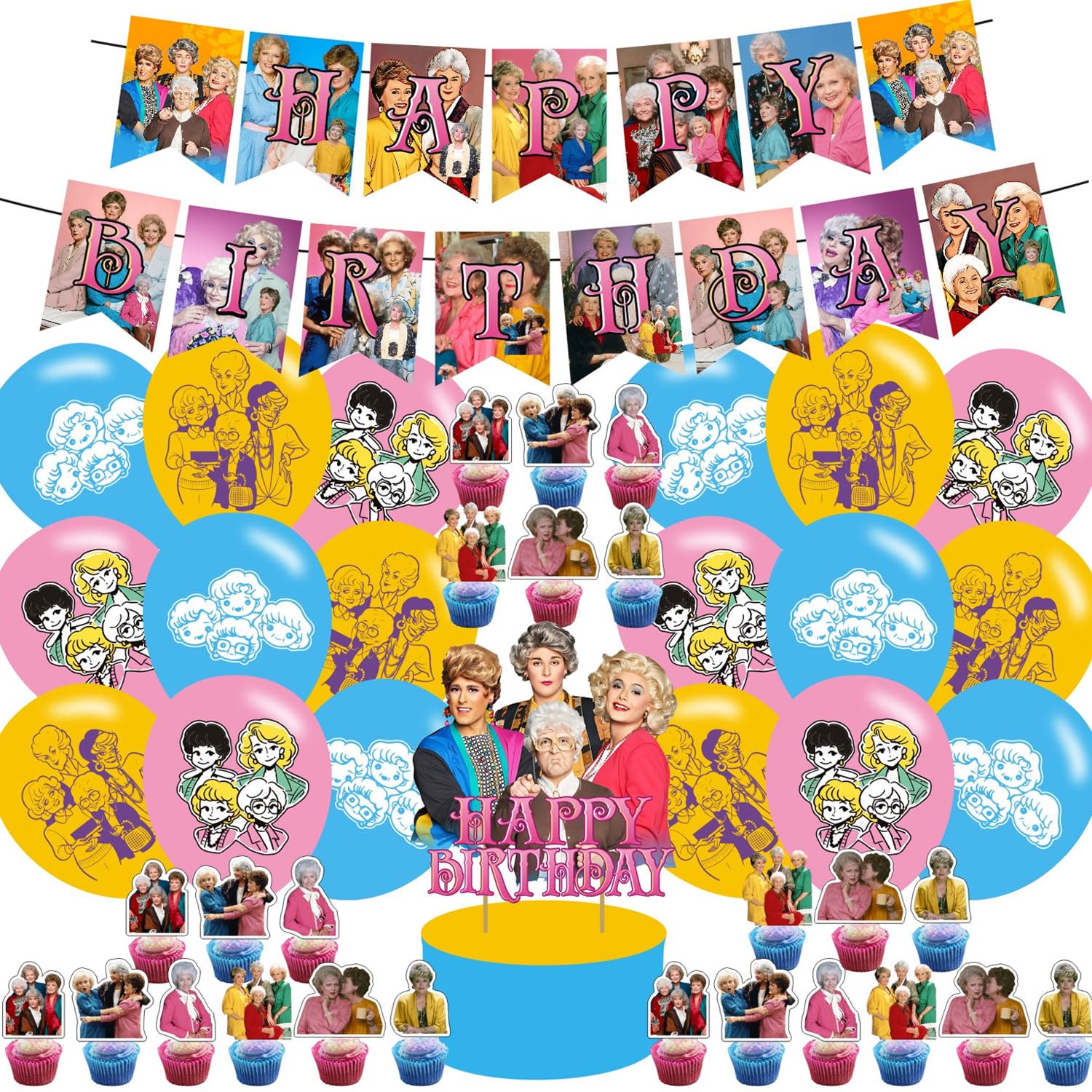 OUDINI The Golden Girls birthday party supplies,Golden Girls including cake topper, cupcake toppers, Banner, Latex Balloons,It is very suitable for Women and girl birthday party supplies., Blue