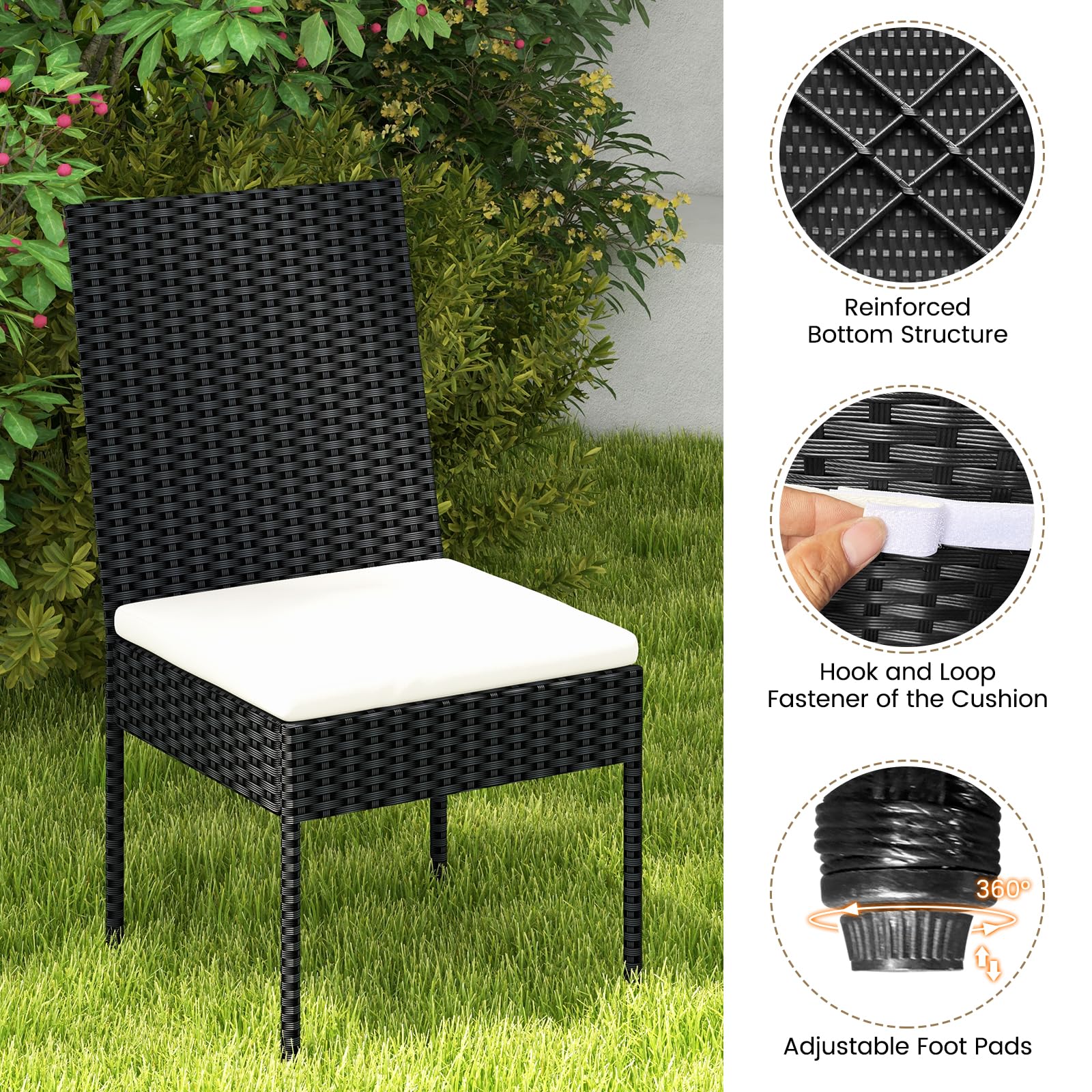 HAPPYGRILL Patio Rattan Dining Chairs Set of 2, Outdoor Armless Wicker Chairs with Cushions, High Backrest, Sturdy Metal Frame, Outside Dining Chairs for Porch Deck Yard Garden