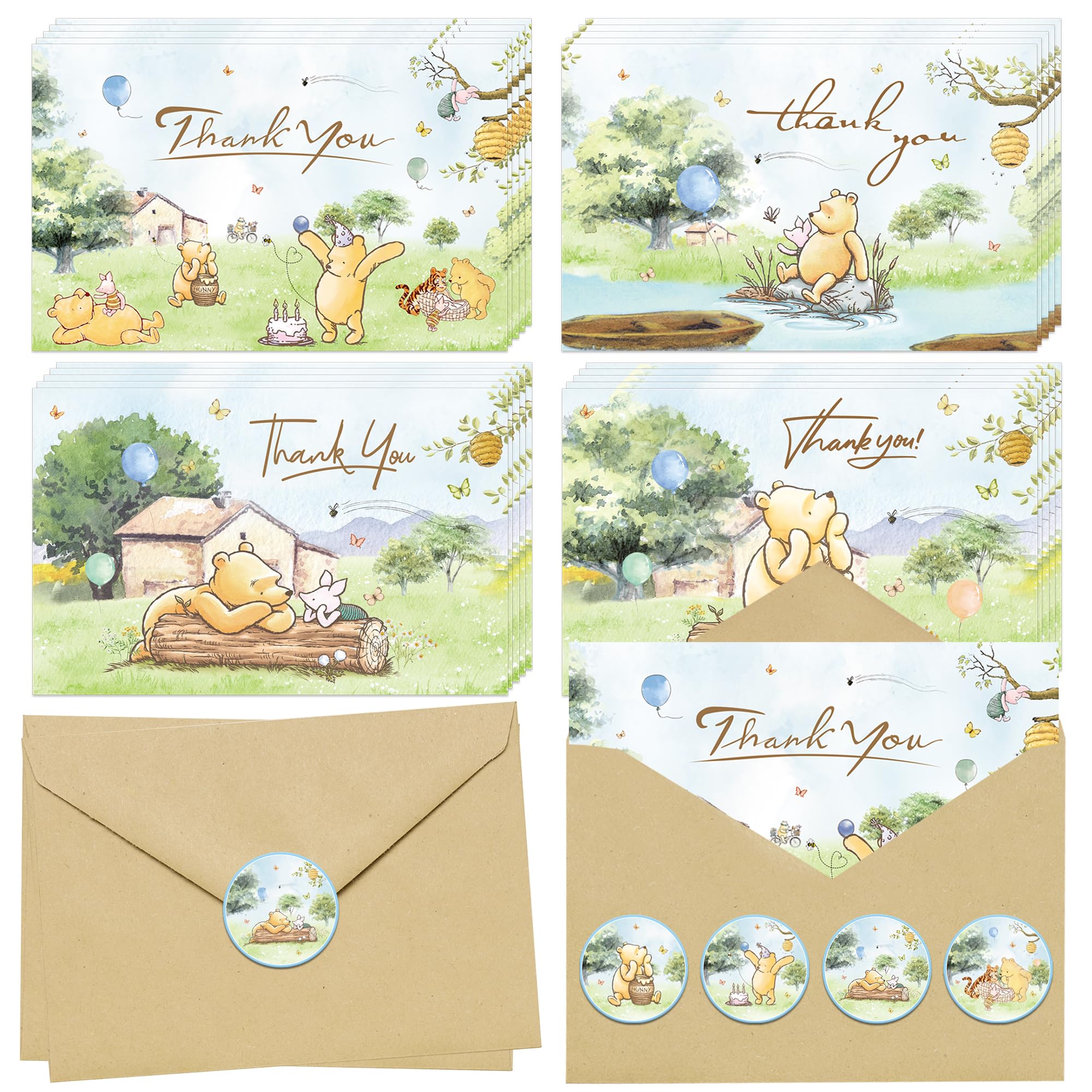 FOLNESH 40PCS Winnie Thank You Cards with Kraft Envelopes and Stickers for Boys Cute Greeting Cards Classic Bear Party Cards for Baby Shower Wedding Gratitude Appreciation Friendsgiving 6x8 inch