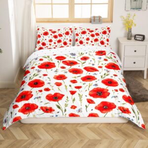 feelyou red poppy bedding duvet cover set king size floral flower blossom printed bedding set for kids boys botanical branches comforter cover set spring garden bedspread cover,no comforter