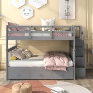 harper & bright designs full over full bunk bed with storage, solid wood full bunk bed frame with stairs and drawers, for kids teens adults (gray)