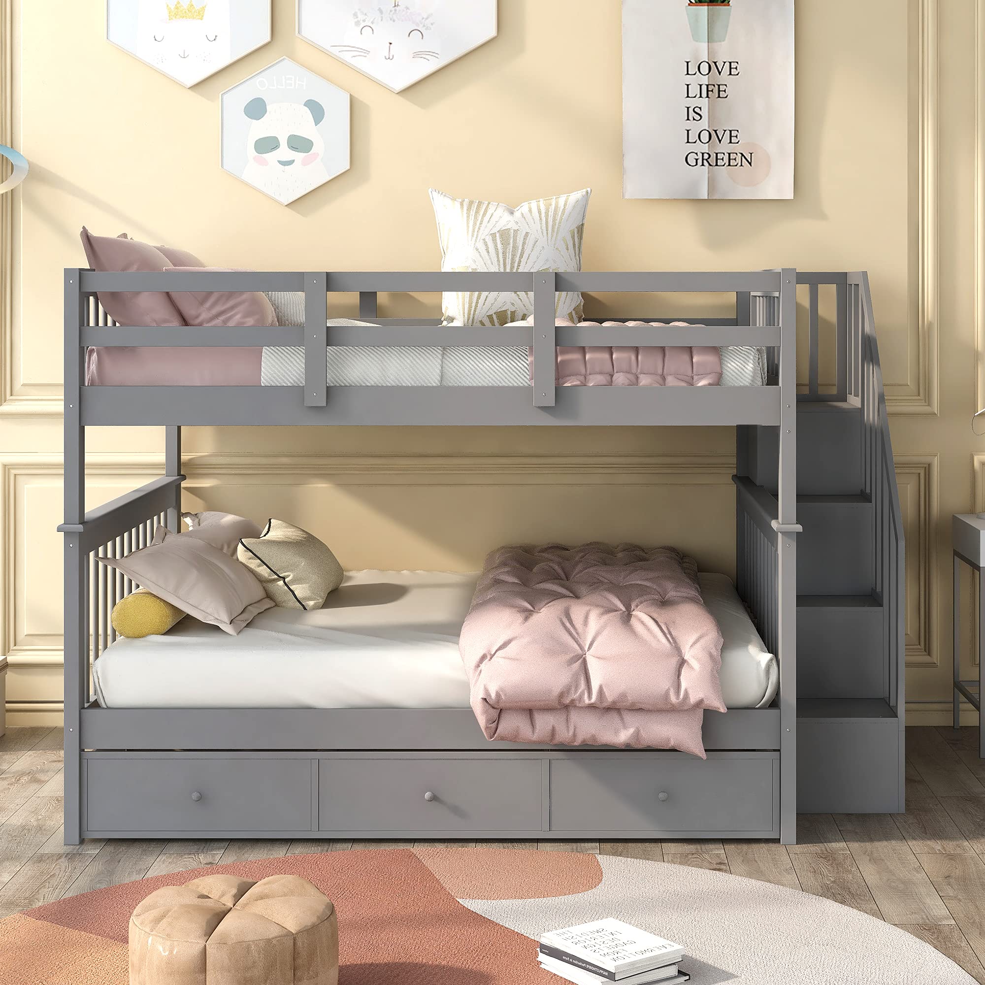 Harper & Bright Designs Full Over Full Bunk Bed with Storage, Solid Wood Full Bunk Bed Frame with Stairs and Drawers, for Kids Teens Adults (Gray)