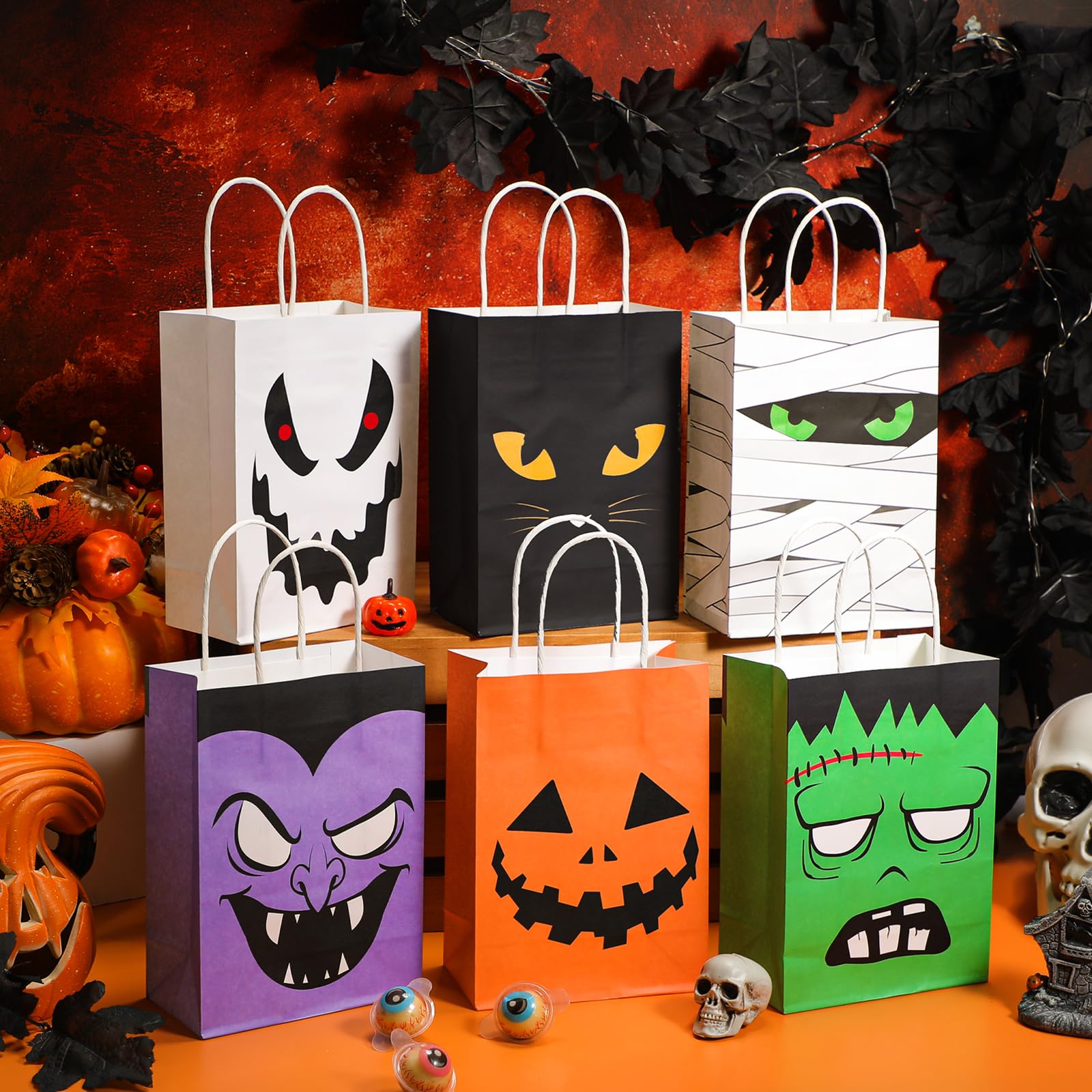 Saypacck 36 Pcs Halloween Treat Bags Halloween Paper Gift Bags with Handles Trick or Treat Candy Bags Goodie Bags for Holiday Treats Snacks Halloween Party Favors Supplies