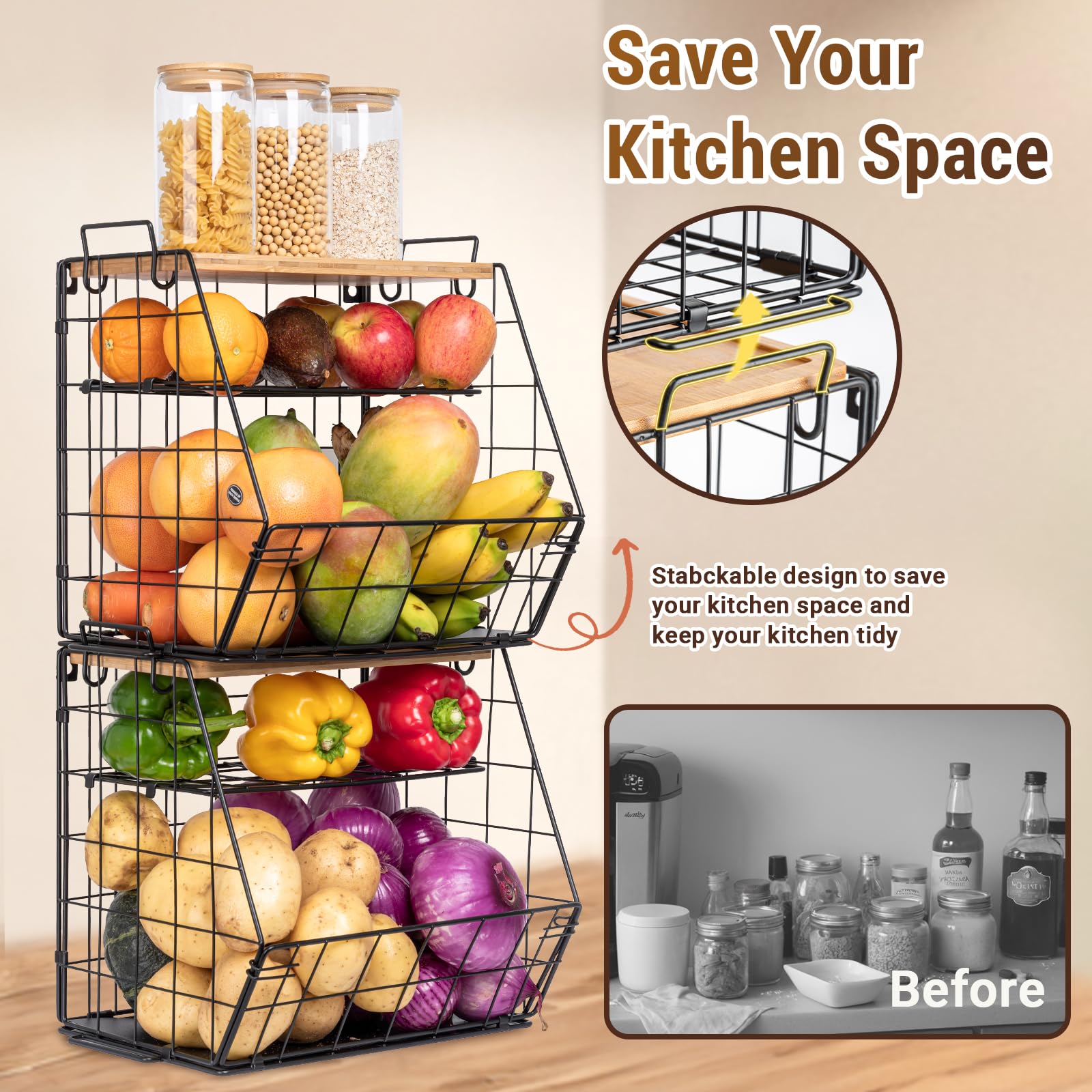 3 Tier Fruit Basket for Kitchen with Bamboo Cutting Board, Pantry Kitchen Organizers and Storage, 2 Set Stackable Wire Wall Basket, Onion Potato Vegetable Storage for Countertop Floor Cabinet Shelf