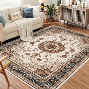 garveehome washable vintage 8x10 area rug for living room, 8x10 traditional oriental medallion floral rugs for bedroom, stain resistant indoor print carpet for dining room office, beige brown