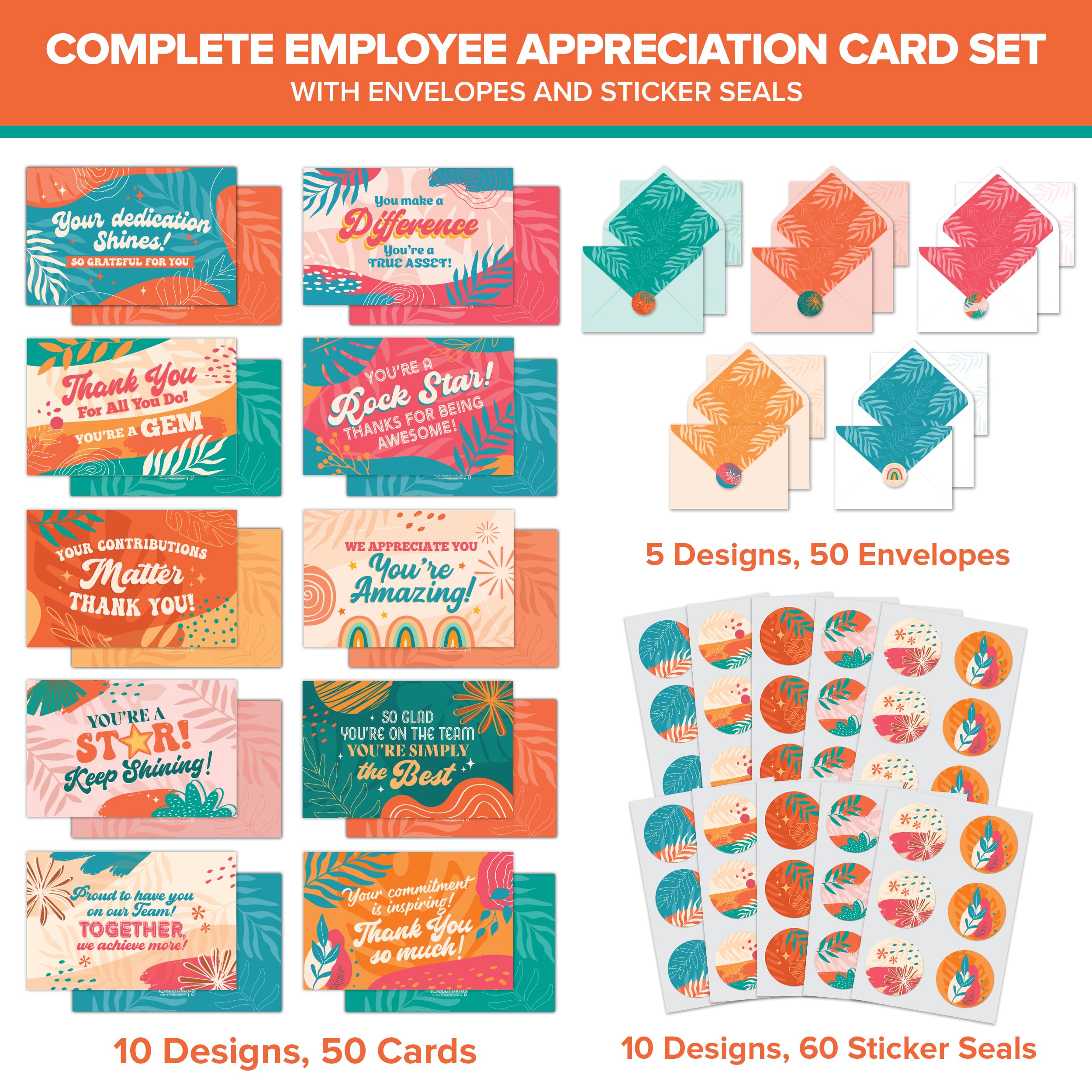 Decorably 50 Pack Employee Appreciation Cards with Envelopes & Stickers, 10 Designs Blank Inside Staff Appreciation Cards, 6x4in Employee Thank You Cards for Employees Appreciation Cards for Coworkers