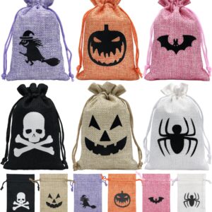 Jexila 24 Pack Halloween Burlap Gift Bags Small Halloween Treat Bag with Drawstring Linen Jute Halloween Goodie Candy Bags for Kids Trick or Treat Halloween Party Favor