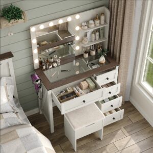 nohepxcy farmhouse style vanity desk set with mirror and 3 color adjustable lights, antique white makeup vanity table with 5 drawers and 2 shelves，glass tabletop,stool included,vintage white