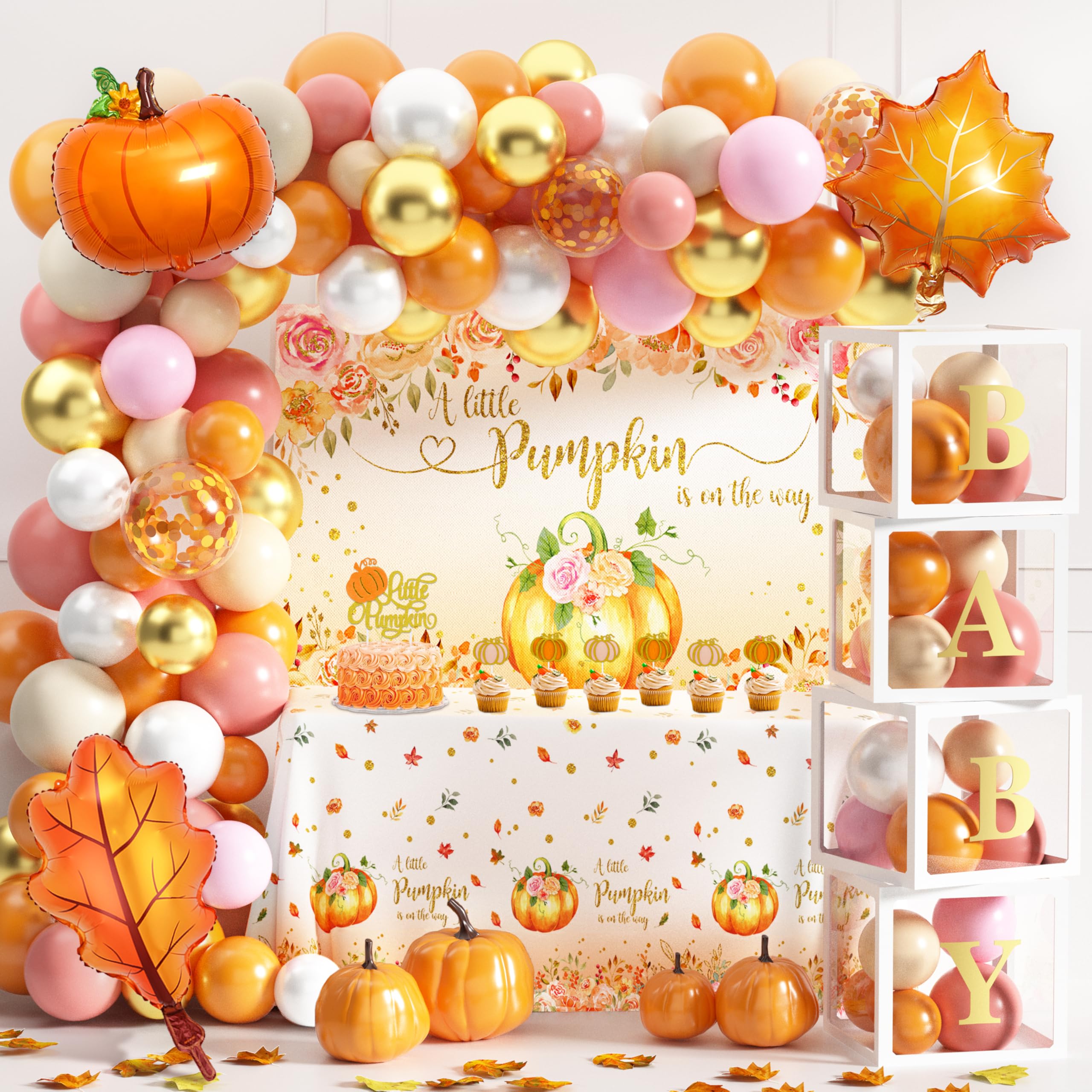 Little Pumpkin Fall Baby Shower Party Decorations Thanksgiving Party Decorations Autumn Pumpkin Party Supplies with Pumpkin Balloons Garland Arch Kit Baby Balloon Boxes Backdrop Thanksgiving Decor