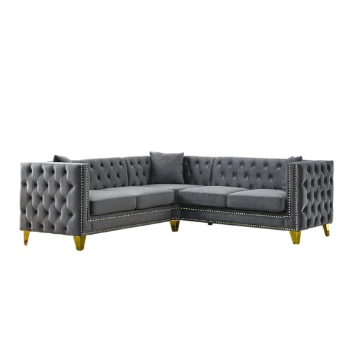 ERYE L-Shaped Symmetrical Sectional Sofa Couch Clasic Velvet Upholstered Tufted 5 Seater Sofa&Couch W/Button Armrests,Metal Legs,Nailhead Decor and 3 Pillows for Living Room, 82.2", Gray-012