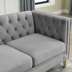 ERYE L-Shaped Symmetrical Sectional Sofa Couch Clasic Velvet Upholstered Tufted 5 Seater Sofa&Couch W/Button Armrests,Metal Legs,Nailhead Decor and 3 Pillows for Living Room, 82.2", Gray-012