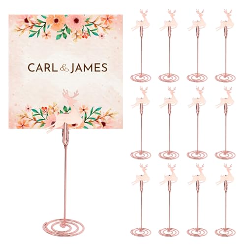 CHGCRAFT 12PCS Place Card Holders Deer Table Number Holders Name Card Holders Rose Gold Table Number Stands Table Photo Picture Holders for Party Weddings Resturants