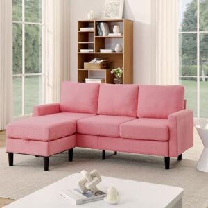 lopoo modern upholstered sectional sofa couch, l shaped couch with storage, reversible ottoman bench, 3 seater for living room, apartment, compact spaces, soft foam & cotton filling, pink