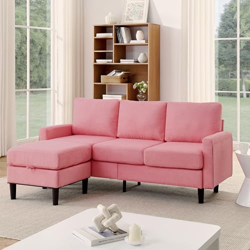 LOPOO Modern Upholstered Sectional Sofa Couch, L Shaped Couch with Storage, Reversible Ottoman Bench, 3 Seater for Living Room, Apartment, Compact Spaces, Soft Foam & Cotton Filling, Pink